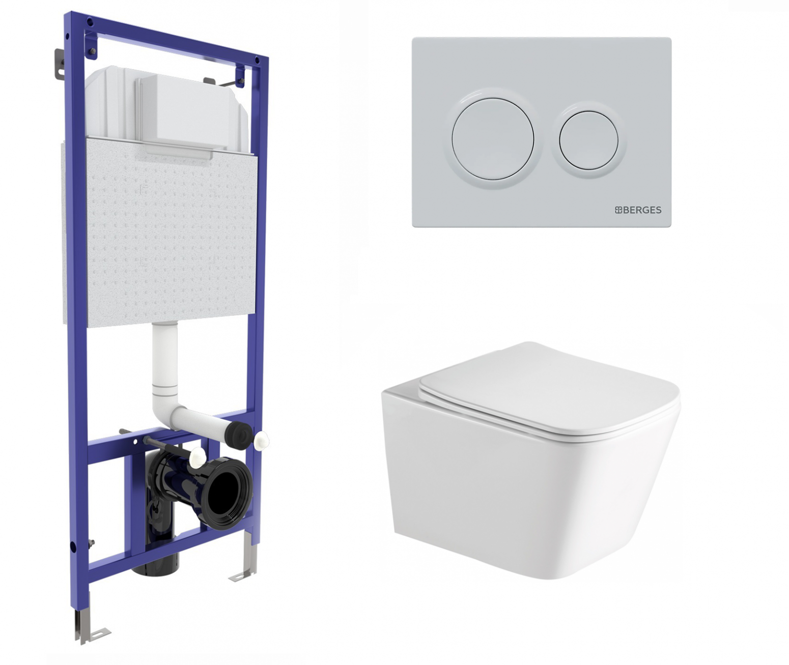 Комплект 3 в 1 инсталляция Berges Novum O4 + Унитаз подвесной SantiLine SL-5007 с кнопкой белой