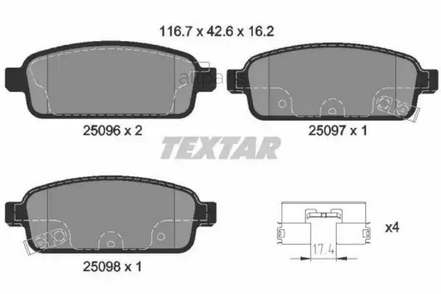 TEXTAR 2509602 Колодки задние с противошумной пластиной Q+ CHEVROLET Cruze 09- (R15) TEXTAR 2509602
