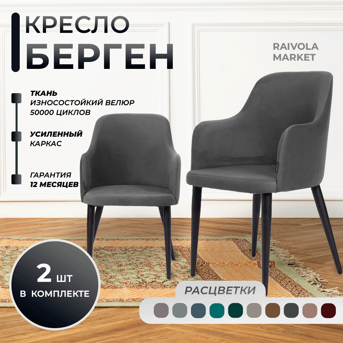 Кресло мягкое, стул Берген 2 штуки для кухни и гостиной, ресторана и кафе. Обивка темно-серый велюр Confetti 21.