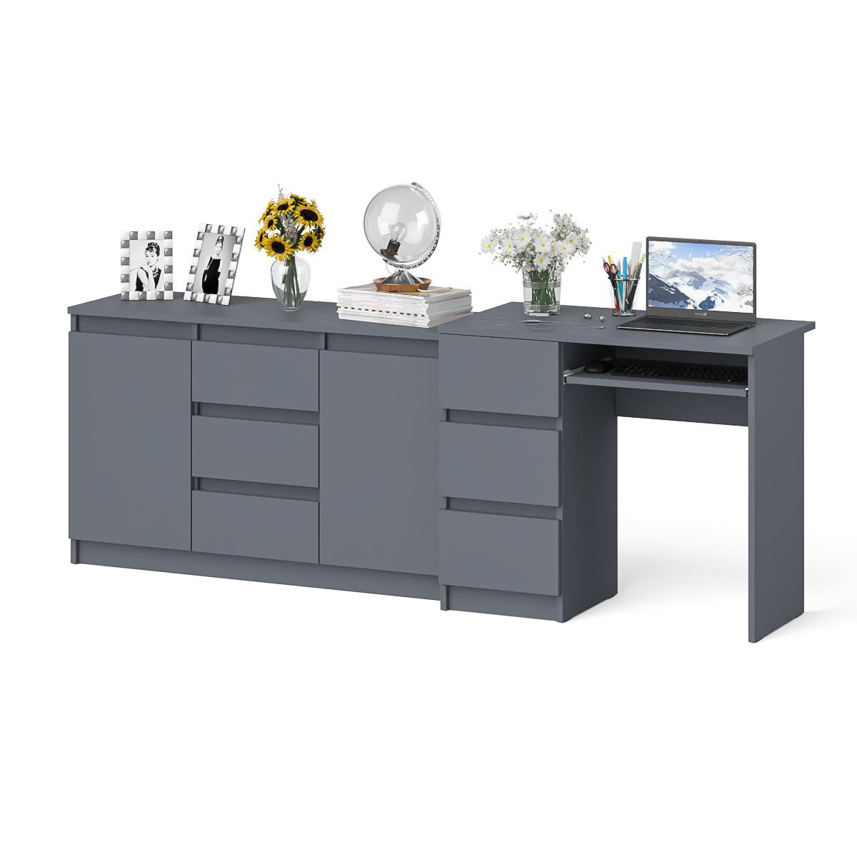 Тумба-комод СВК Мори МК1200.3 и стол компьютерный левый цвет графит, 210,4х50х76,6 см.