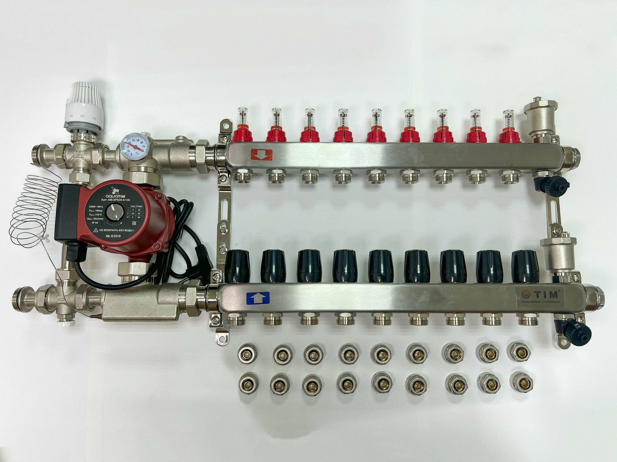 Комплект водяного теплого пола: коллектор 9 выхода с расходомерами+смесительный узел+насос 25-6+евроконусы (до 120м2)
