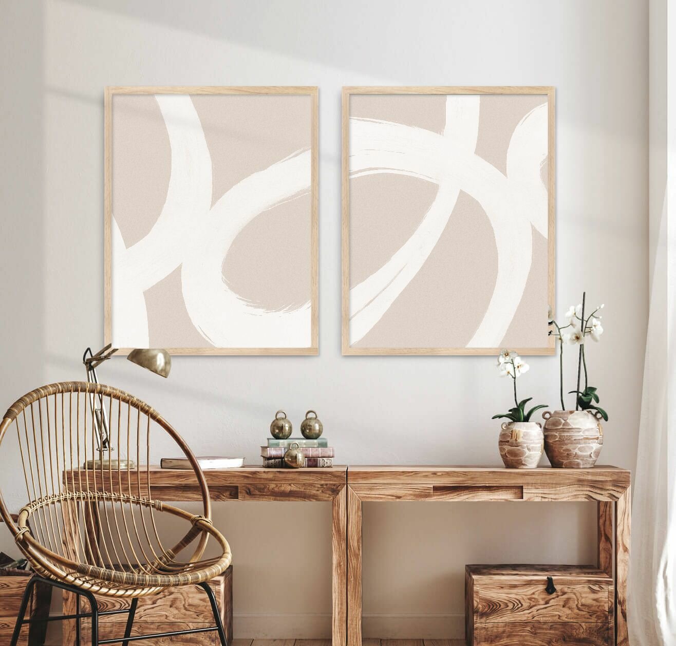 Постер 2 шт 30х40 без рамки "Абстракция белые мазки на бежевом" набор картин для интерьера
