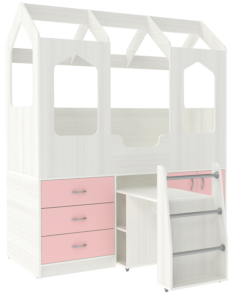 Кровать чердак Домик-Сказка с выдвижным столом ДС-14 Белое Дерево Розовый