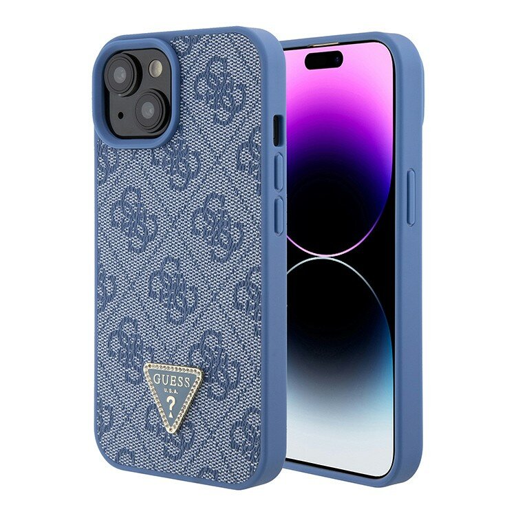 Guess чехол для iPhone 15, кожа PU 4G Triangle Diamond Metal Logo голубой