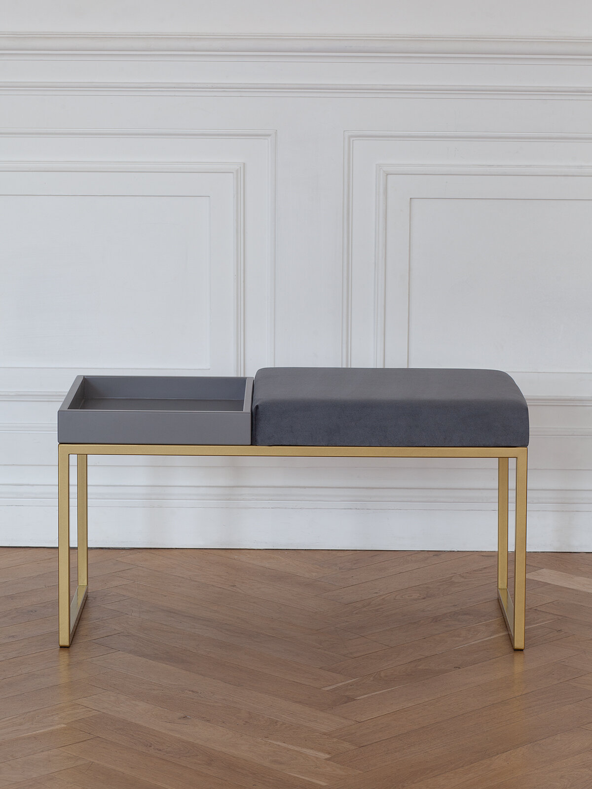 Банкетка для прихожей, для спальни GREENWEEN ALBA BOX, золотой каркас, сидение велюр цвет Light Blue, GreyBox, 850х400х450