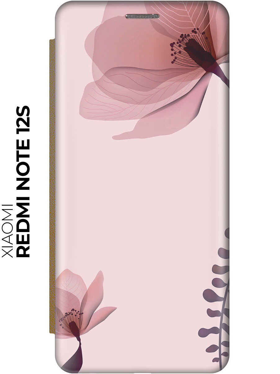 Чехол-книжка на Xiaomi Redmi Note 12s / Сяоми Редми Ноут 12с с рисунком "Два цветка на розовом" золотистый