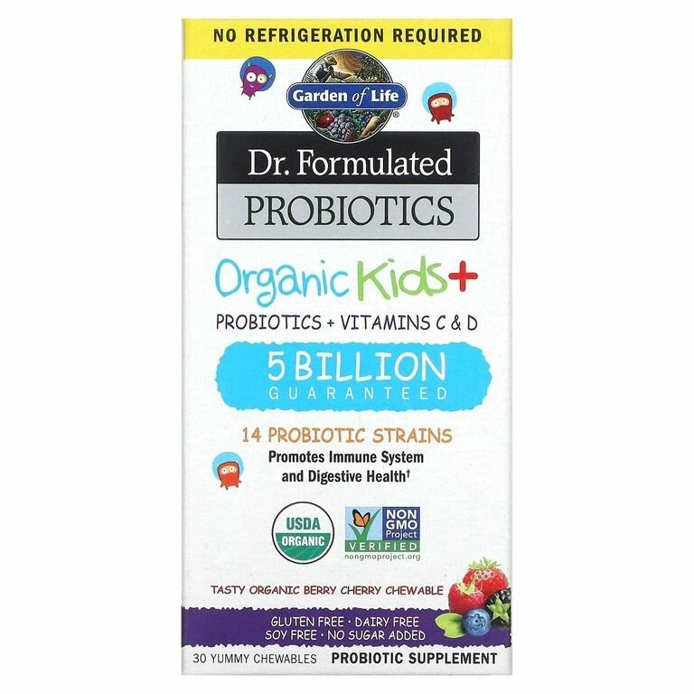 Garden of Life, Dr. Formulated Probiotics, Organic Kids+, органические пробиотики для детей, вкус ягод, 30 жевательных таблеток