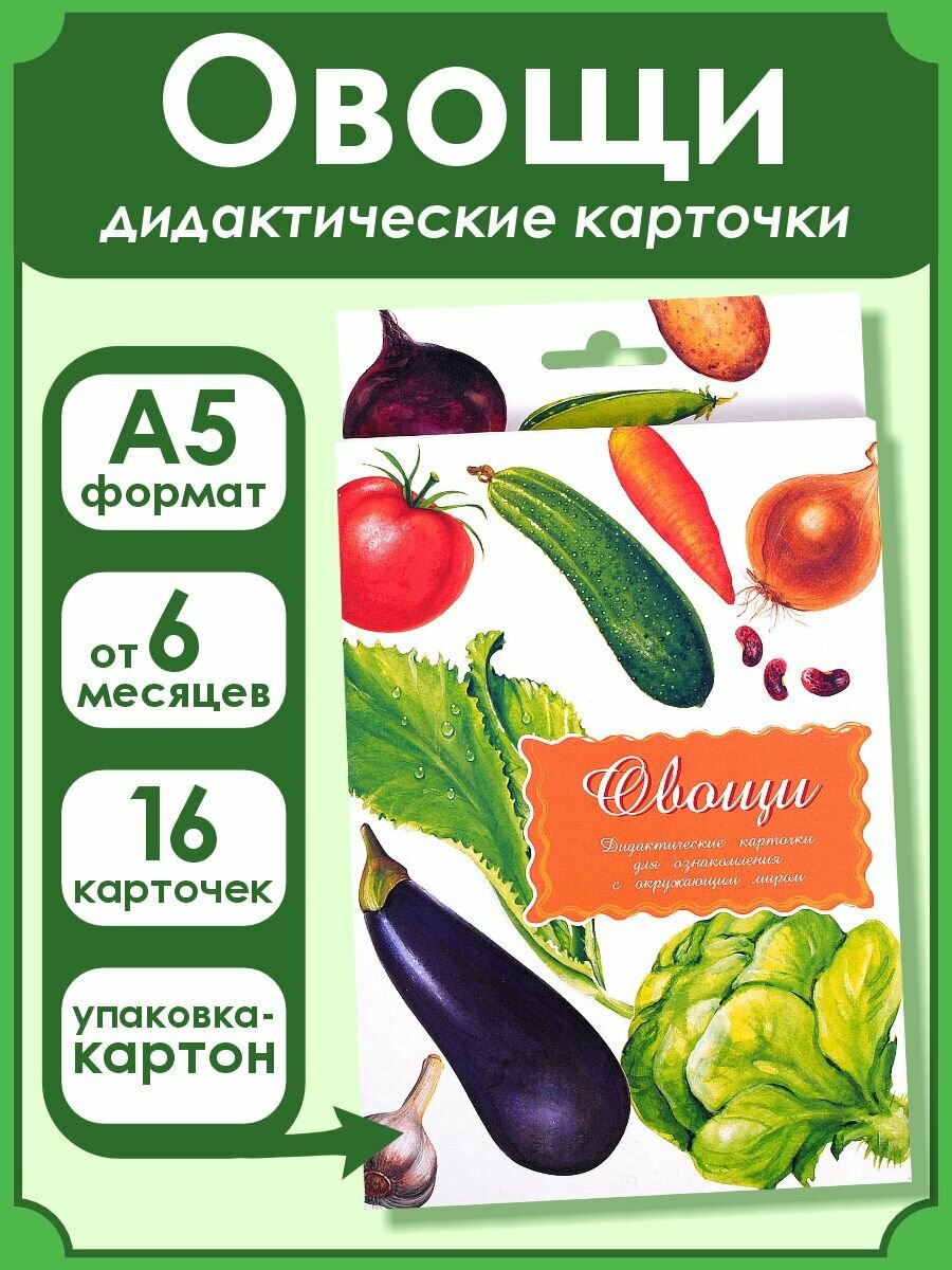 Дидактические карточки Маленький гений "Овощи", 23х15 см