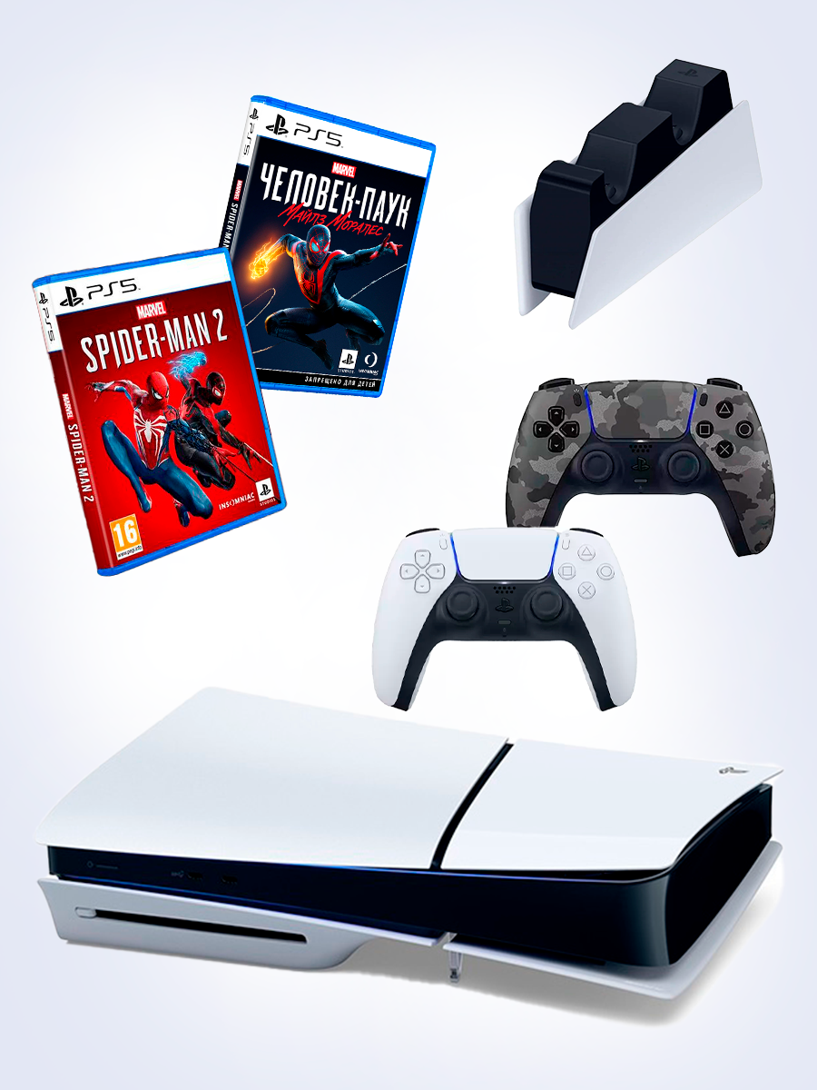 Sony PlayStation 5 Slim disc +2-й геймпад (камуфляж) +зарядное + игра Spider-Man2 + игра Marvel Человек паук