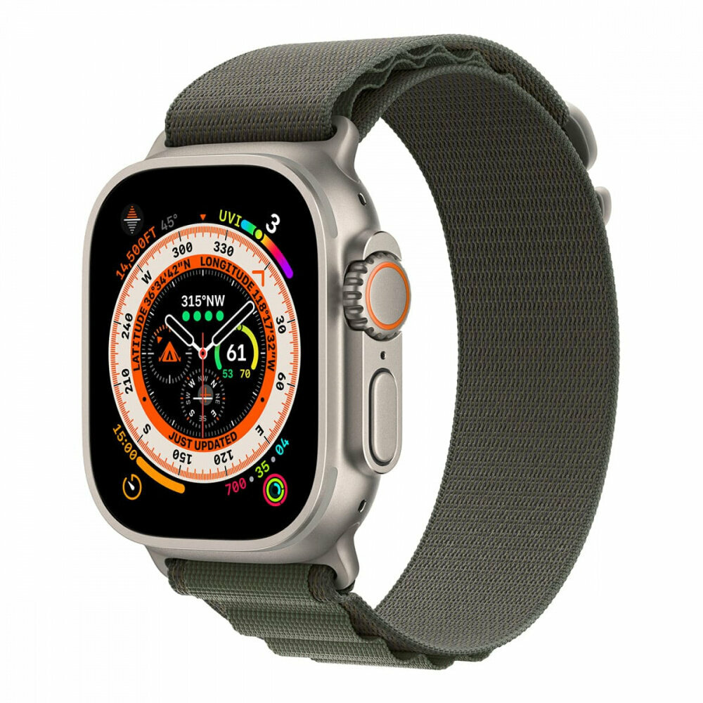 Apple Watch Ultra, 49 мм корпус из титана цвета «Natural», ремешок Alpine Loop размера L цвета «Green»