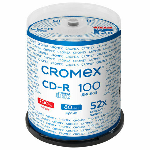 Диски CD-R CROMEX, 700 Mb, 52x, Cake Box (упаковка на шпиле), комплект 100 шт, 513778