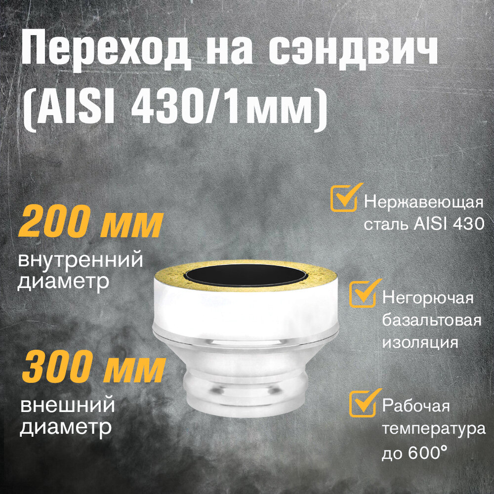 Переход на сэндвич для дымохода из нержавеющей стали (AISI 430/1,0мм) (ММ) (200х300)