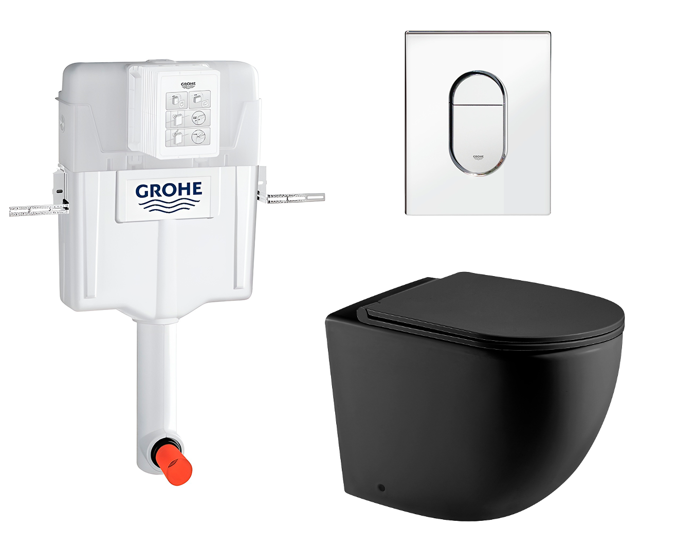 Комплект 3 в 1 смывной бачок скрытого монтажа Grohe GD2 + Унитаз приставной WeltWasser Merzbach 002 MT-BL + Кнопка Arena Cosmopolitan хром