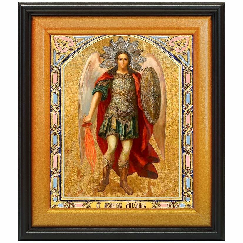 Архангел Михаил, Архистратиг (лик № 142), икона в широком деревянном киоте 24*27,5 см