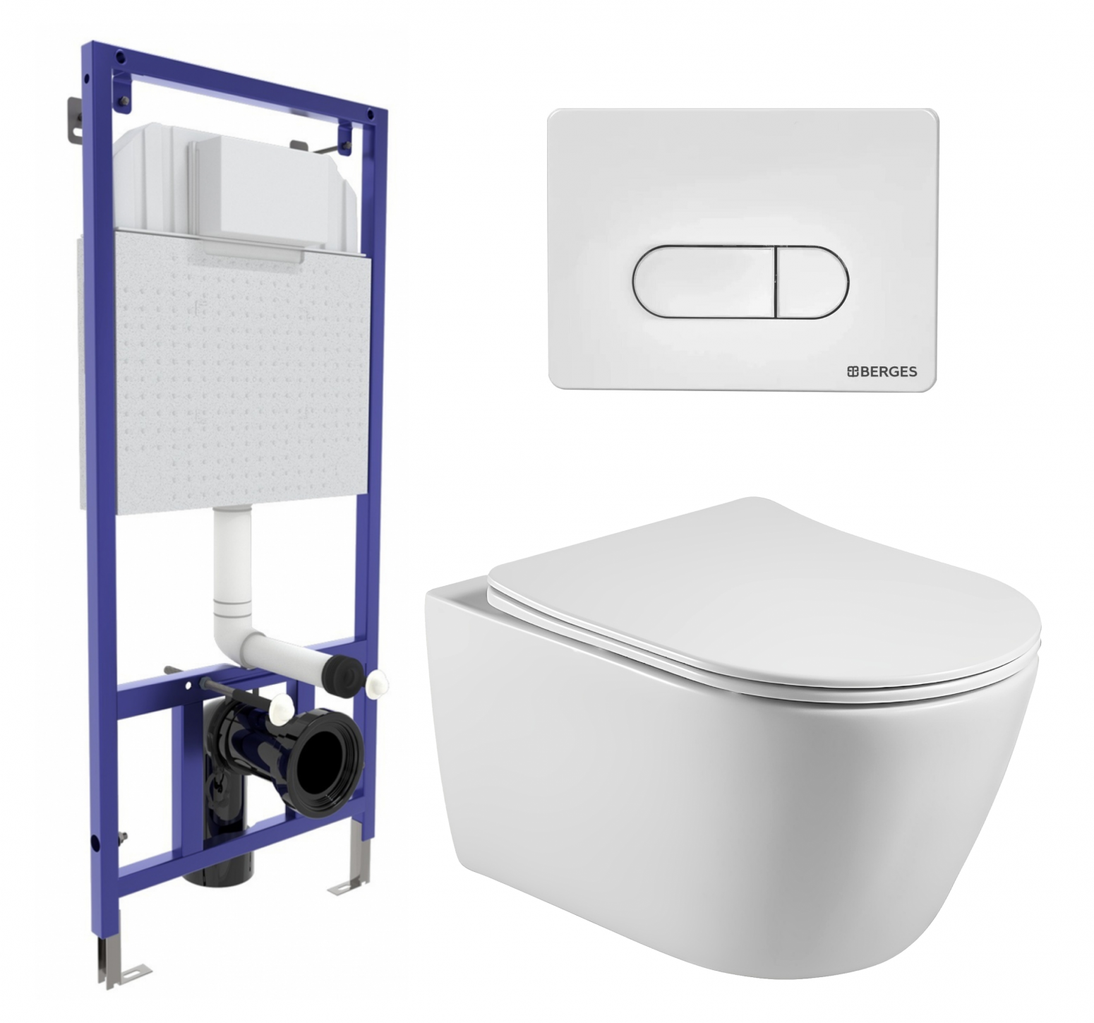 Комплект 3 в 1 инсталляция Berges Wasserhaus Novum 040231 + Унитаз подвесной Акватек Вега AQ1905-00 + кнопка белая