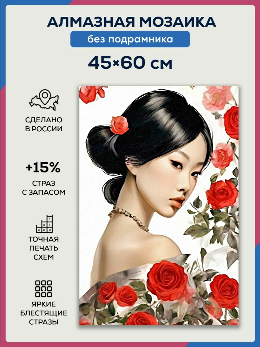 Алмазная мозаика 45x60 Девушка в розах без подрамника