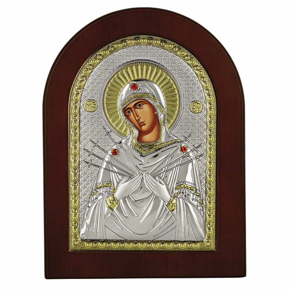 Семистрельная Божия Матерь. Икона в серебряном окладе. 20 26 см. (20 х 26 см / На темном основании, со стразами и позолотой)