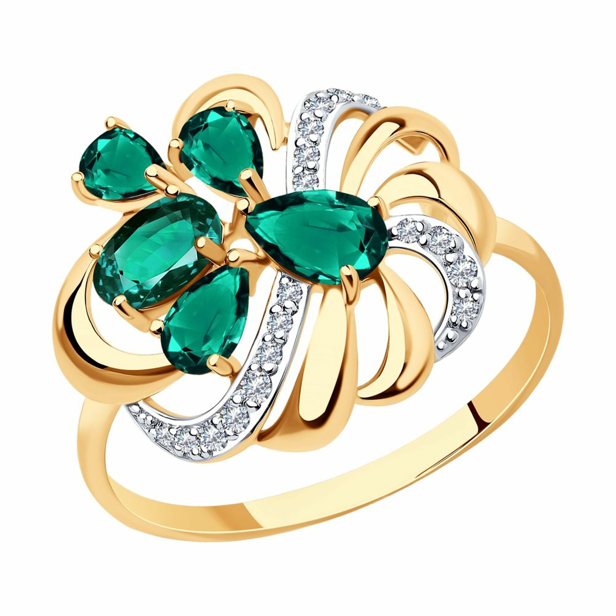 Кольцо, красное золото, 585 проба, фианит, изумруд синтетический