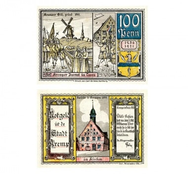 Нотгельд 100 пфеннигов 1920 Германия, Кремпе, сувенирная копия, банкноты и купюры редкие коллекционные