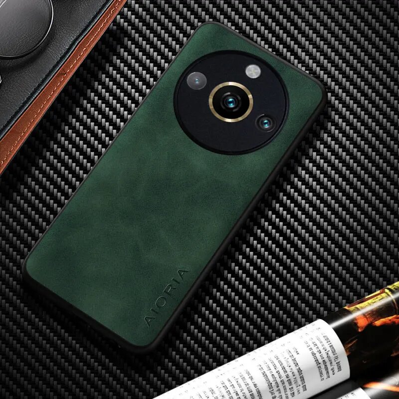 Чехол для Realme 11 Pro Plus, темно-зеленый, кожаный