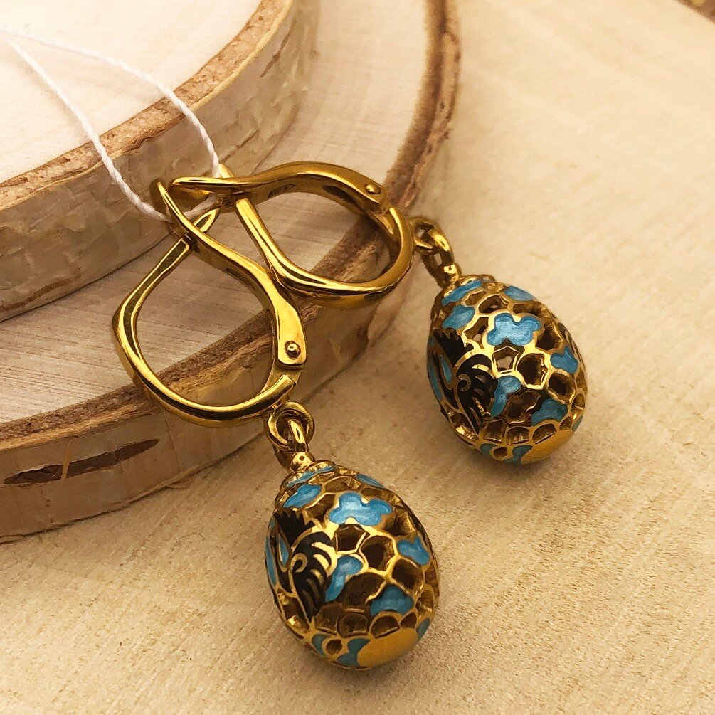 Серьги Русские Мастерские, серебро, 925 проба, чернение, золочение, оксидирование