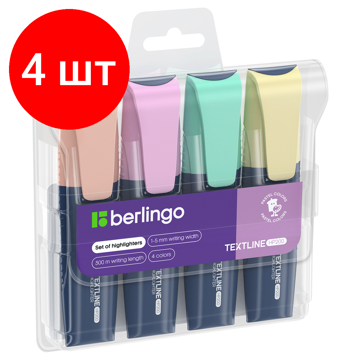 Комплект 4 шт, Набор текстовыделителей Berlingo "Textline HP200" 04цв, пастельные цвета, 1-5мм, европодвес