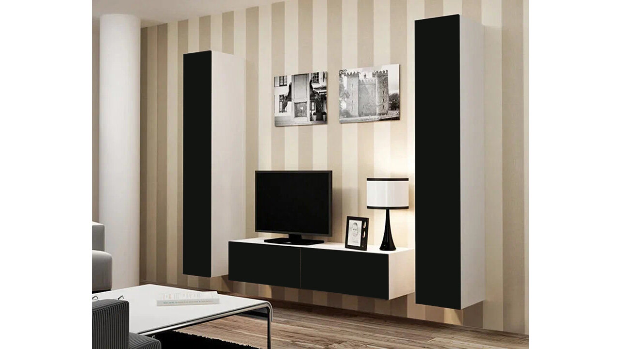 Гостиная Виго 9 Черный 0190 / Белый Фасадный 0101 NEW 220x42x180 см, черный, белый фасадный GOODFORM