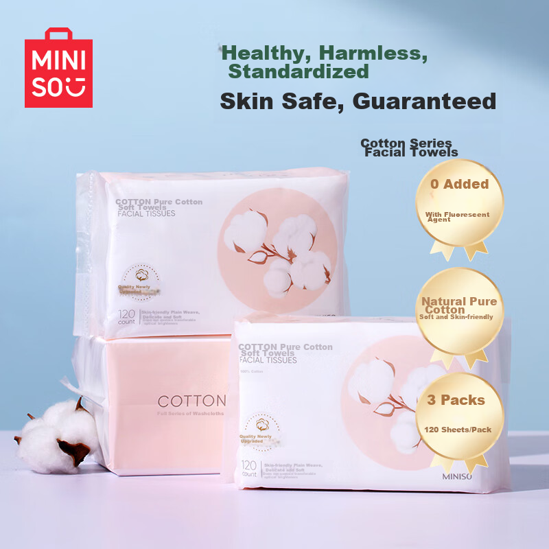 MINISO Disposable Facial Cleansing Wipes, Soft Cotton Wipes for Dry And Wet Use, Face Cleansing Wipes, Pure Cotton, 120 Sheets * 3 Packs