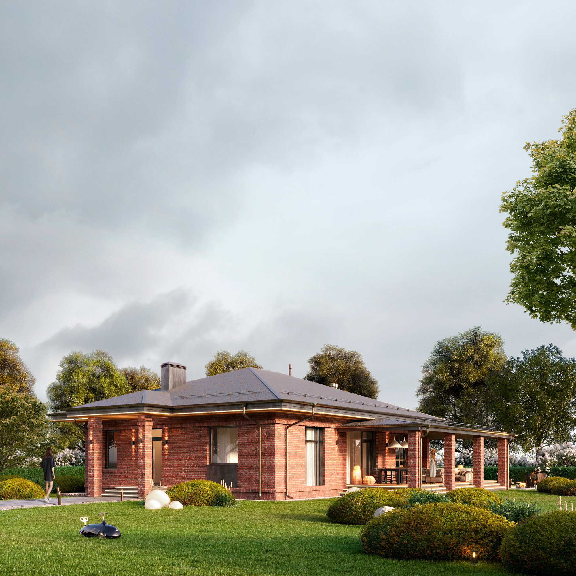 Готовый проект дома из газобетона 111 м. кв с террасой в один этаж (АР). Премиум планировка без коридоров.