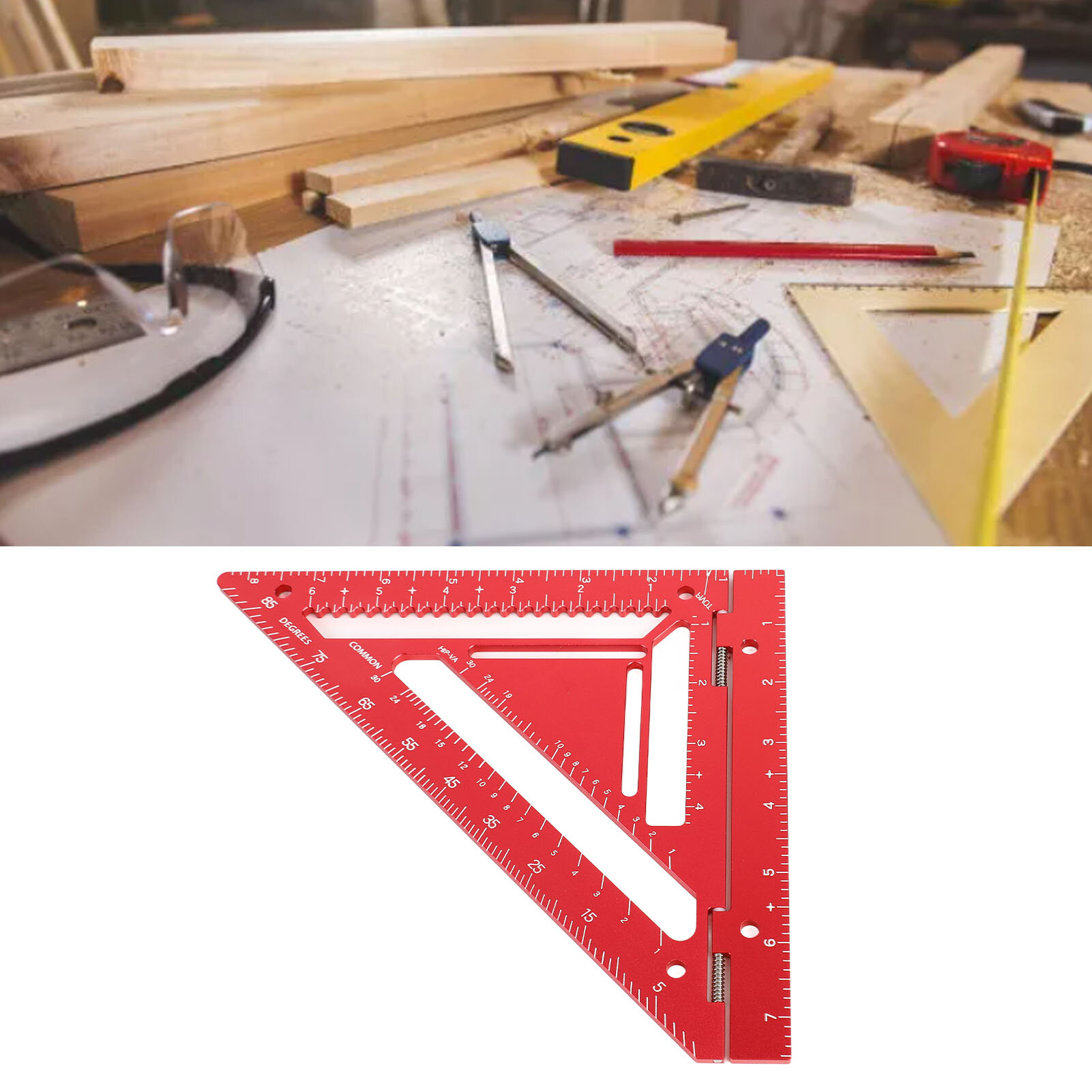 Инструмент для стропильных квадратов из алюминиевого сплава Треугольный линейка Протрактор Ковровый квадрат с фигурным блоком для деревообработки Красный 1 шт с Аксессуаром и Винтом-ручкой