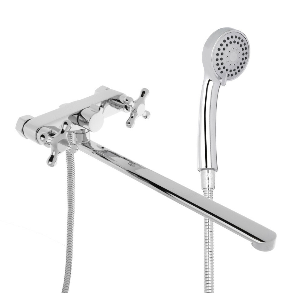 RAIN Уран (561-003), Смеситель для ванны, прямой излив 30см, кран-буксы 1/2, душевой набор, крест, латунь, хром