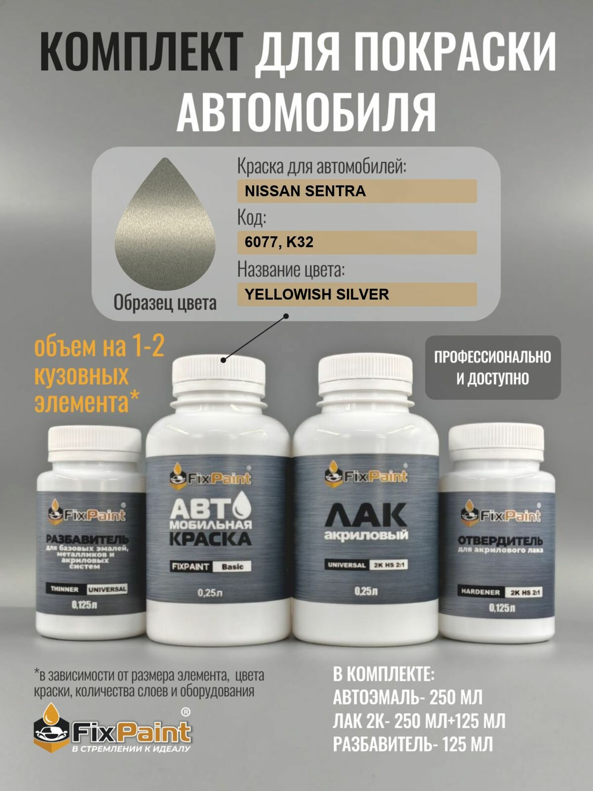 Комплект для покраски NISSAN SENTRA, код 6077, K32, YELLOWISH SILVER, базовая автомобильная краска 250 мл, лак 2K 250 мл с отвердителем, разбавитель 125 мл, FixPaint Pro