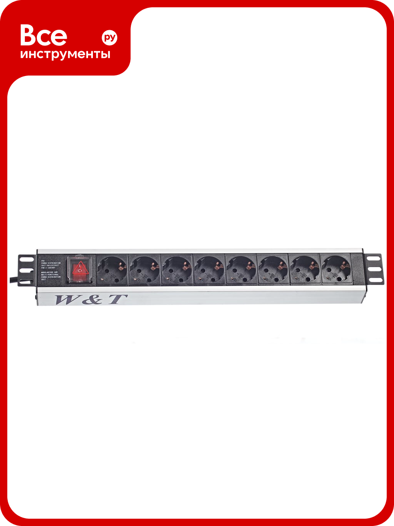 Блок розеток W&T блок розеток 19 EURO на 8 гнезд С выключателем 1.5U WT-2140А,