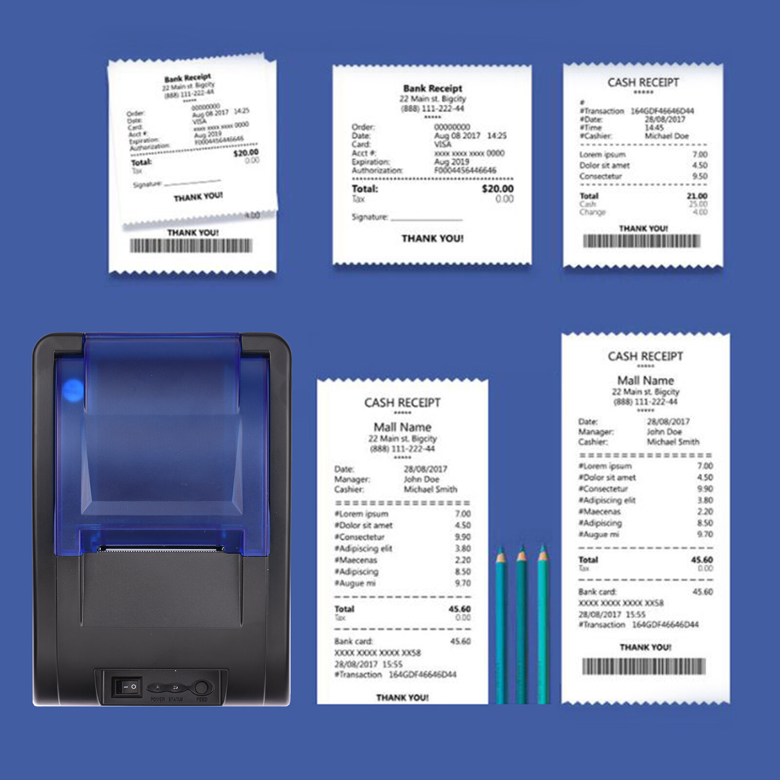 58мм USB+BT Мини Термопринтер Чековый для Ресторана Скорость 90мм/сек Ширина 48мм Вилка EU