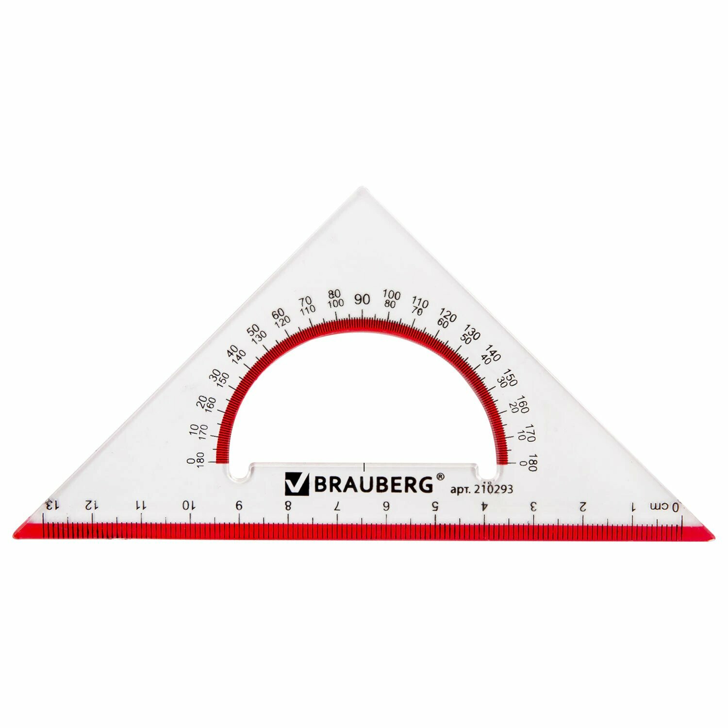 Треугольник пластиковый, угол 45, 13 см, BRAUBERG "Crystal", с транспортиром, прозрачный, с выделенной шкалой, 210293 (цена только за 1 шт.)