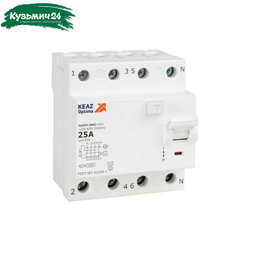 Выключатель дифференциального тока (УЗО) КЭАЗ OptiDin DM63-4225 УХЛ4 4п 25А 30мА тип AC 4.5кА 343891