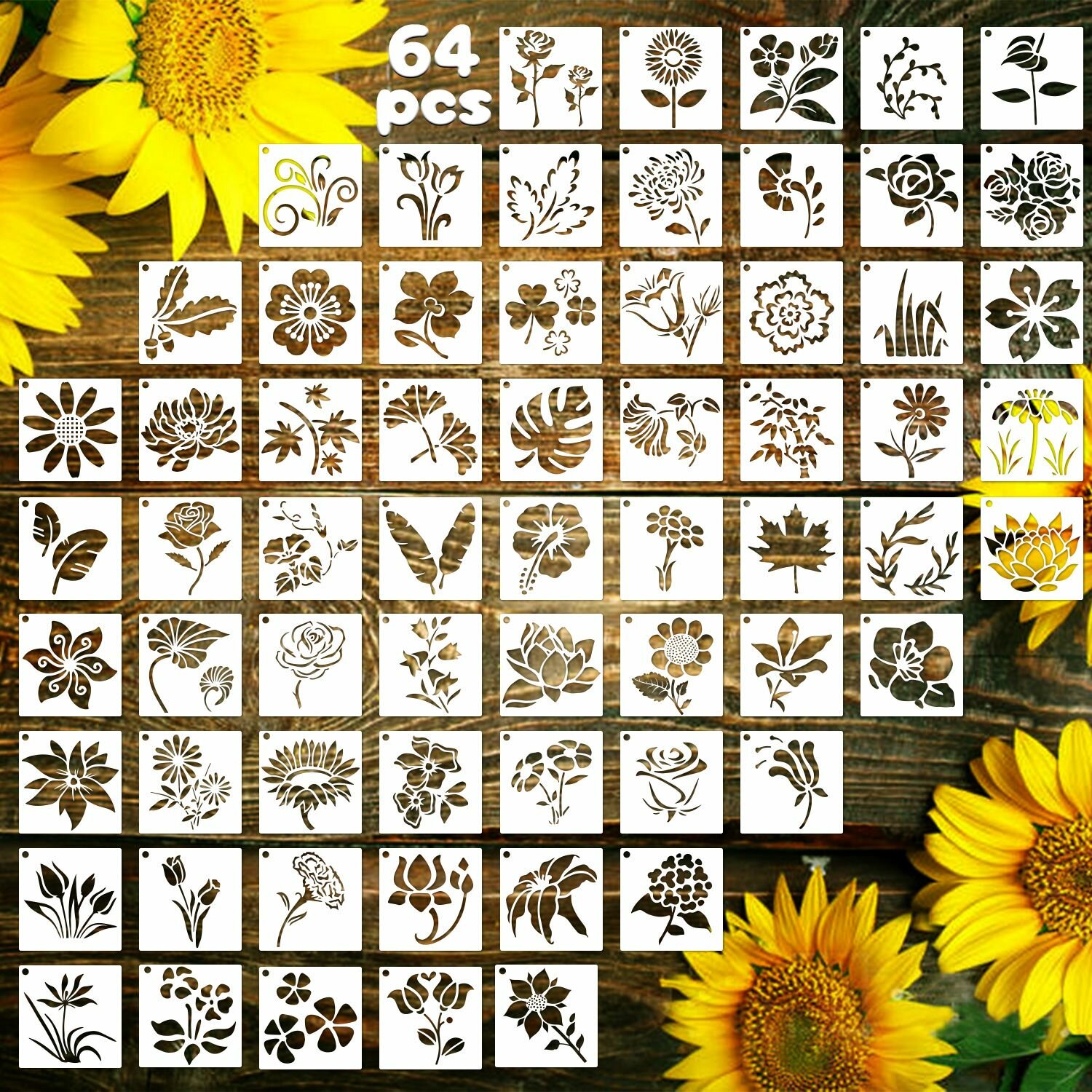 Трафареты для рисования 64 шт, маленькие многоразовые цветочные шаблоны из ПЭТ для декора дома и деревянных стен, набор для поделок, открыток, мебели и росписи