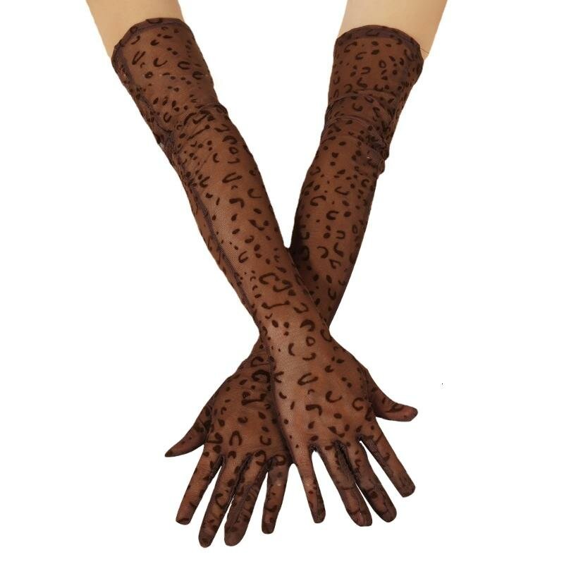 Длинные перчатки из полой сетки с леопардовым рисунком-Коричневый