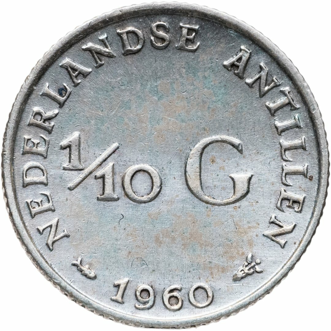 Нидерландские Антильские острова 1/10 гульдена gulden 1960, Серебро 640, в сохранности XF