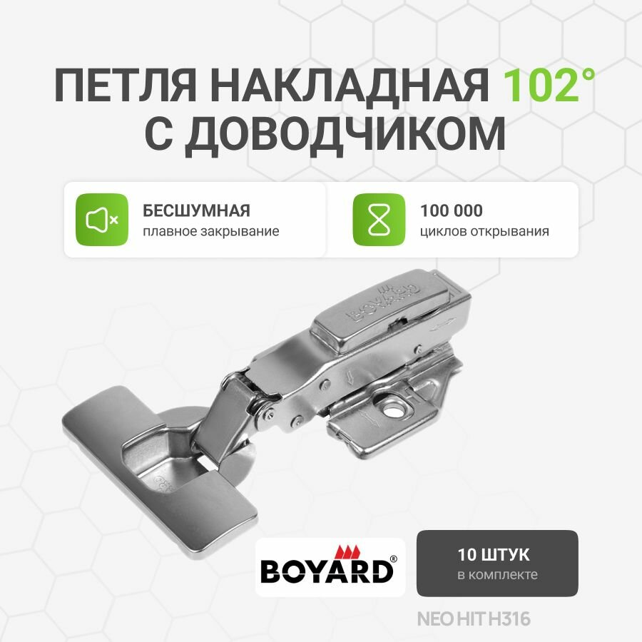 Петля мебельная накладная BOYARD NEO HIT H316A02 с доводчиком и крепежной фурнитурой 102 градуса 10 шт