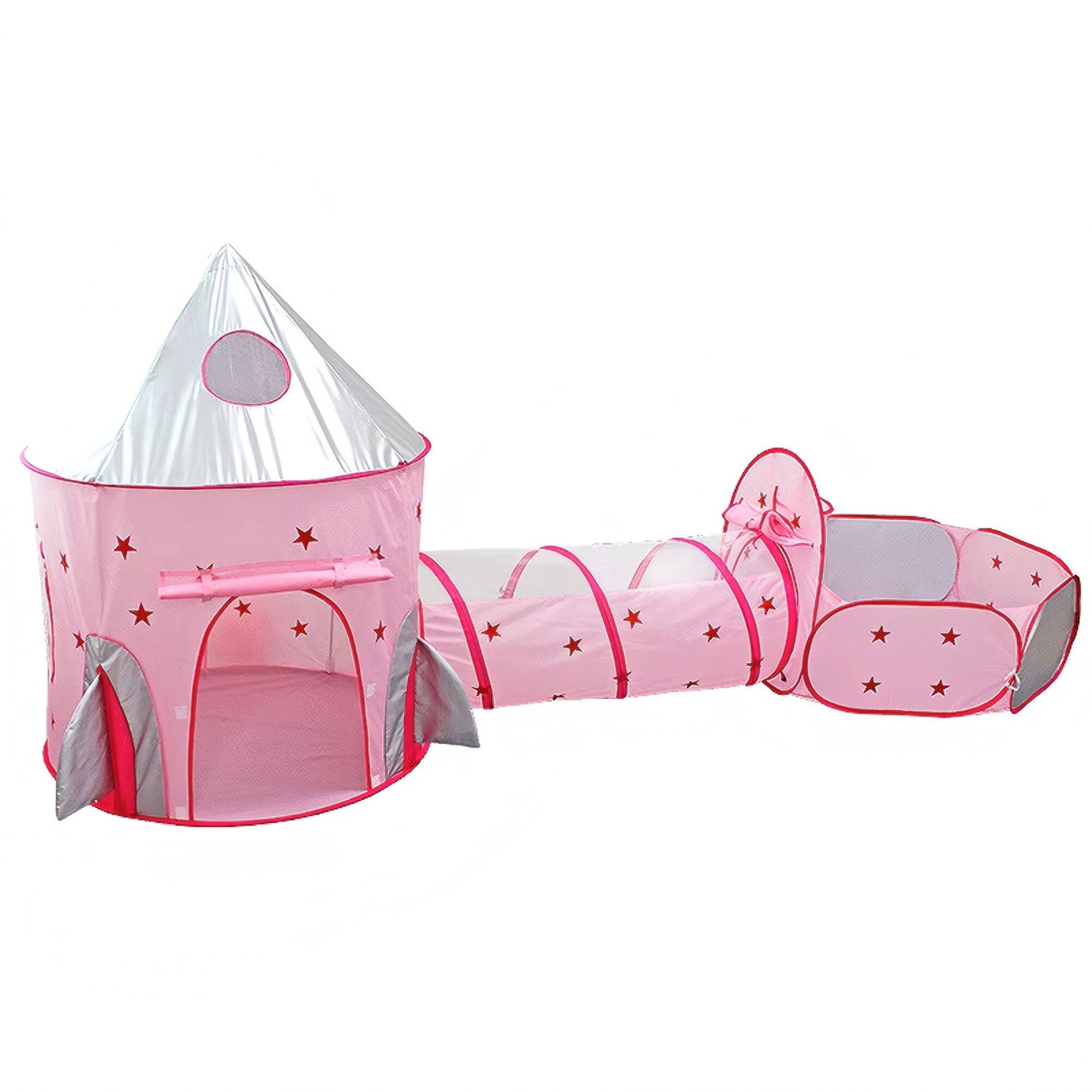 Детский палатка Игровой дом Для помещений и улицы 3 в 1 Туннель Пружина Мяч Пул Фенс Розовый Размеры: 290*120*125см в развёрнутом виде, 46*46*44см в сложенном виде Компоненты: Ракетно-образная палатка + туннель + круговая игровая зона со звёздным узором