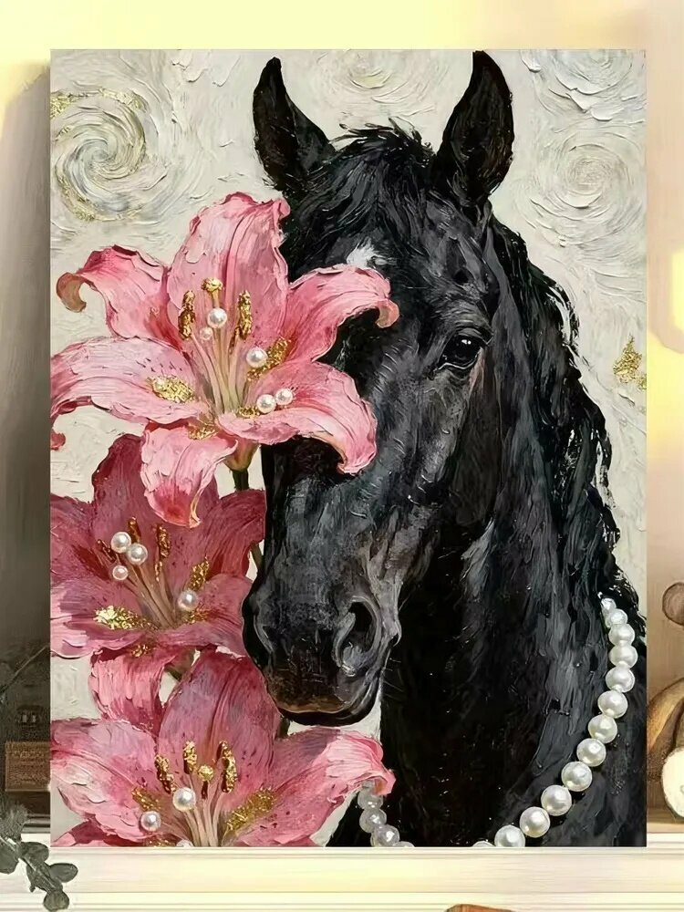 Набор картины по номерам для начинающих Конь и цветы (с красками и кистями, 40x50 см)