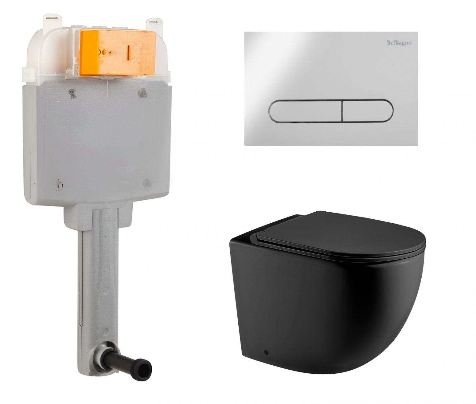Комплект 3 в 1 смывной бачок скрытого монтажа BelBagno BB025-CS + Приставной унитаз WeltWasser Merzbach 002 MT-BL черный с кнопкой хром Prospero BB025-CS + 10000006179 + BB005-PR-CHROME