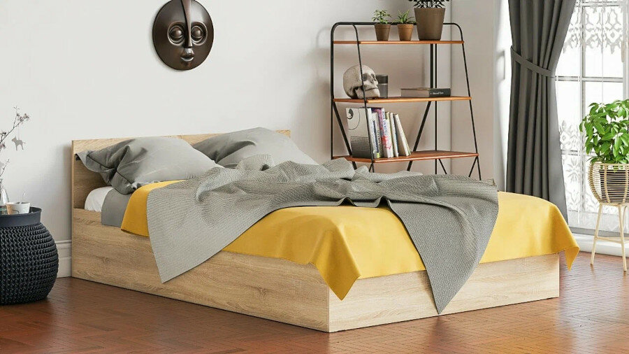 Кровать двуспальная СВК "Мори" 140x200 см, цвет дуб сонома, с основанием, без ящиков