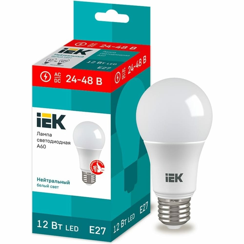 Лампа IEK LED A60 шар 12Вт 24-48В 4000К E27 LLE-A60-12-24-48-40-E27