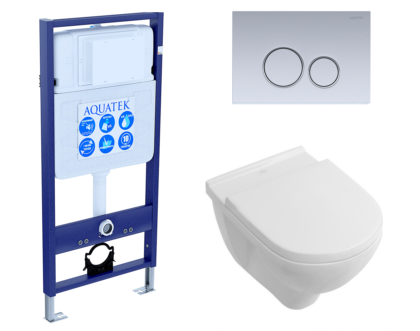 Комплект 3 в 1 инсталляция Акватек Standart 50 + Унитаз подвесной Villeroy & Boch O Novo Directflush с кнопкой хром матовой INS-0000012 + 5660HR01 + KDI-0000019