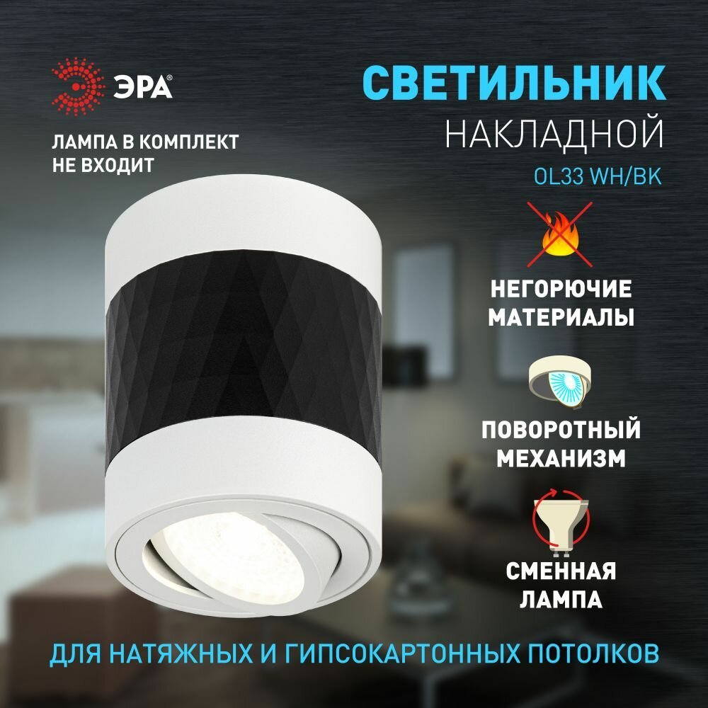 Светильник настенно-потолочный ЭРА OL33 WH/BK под лампу GU10 12Вт черный, белый поворотный спот