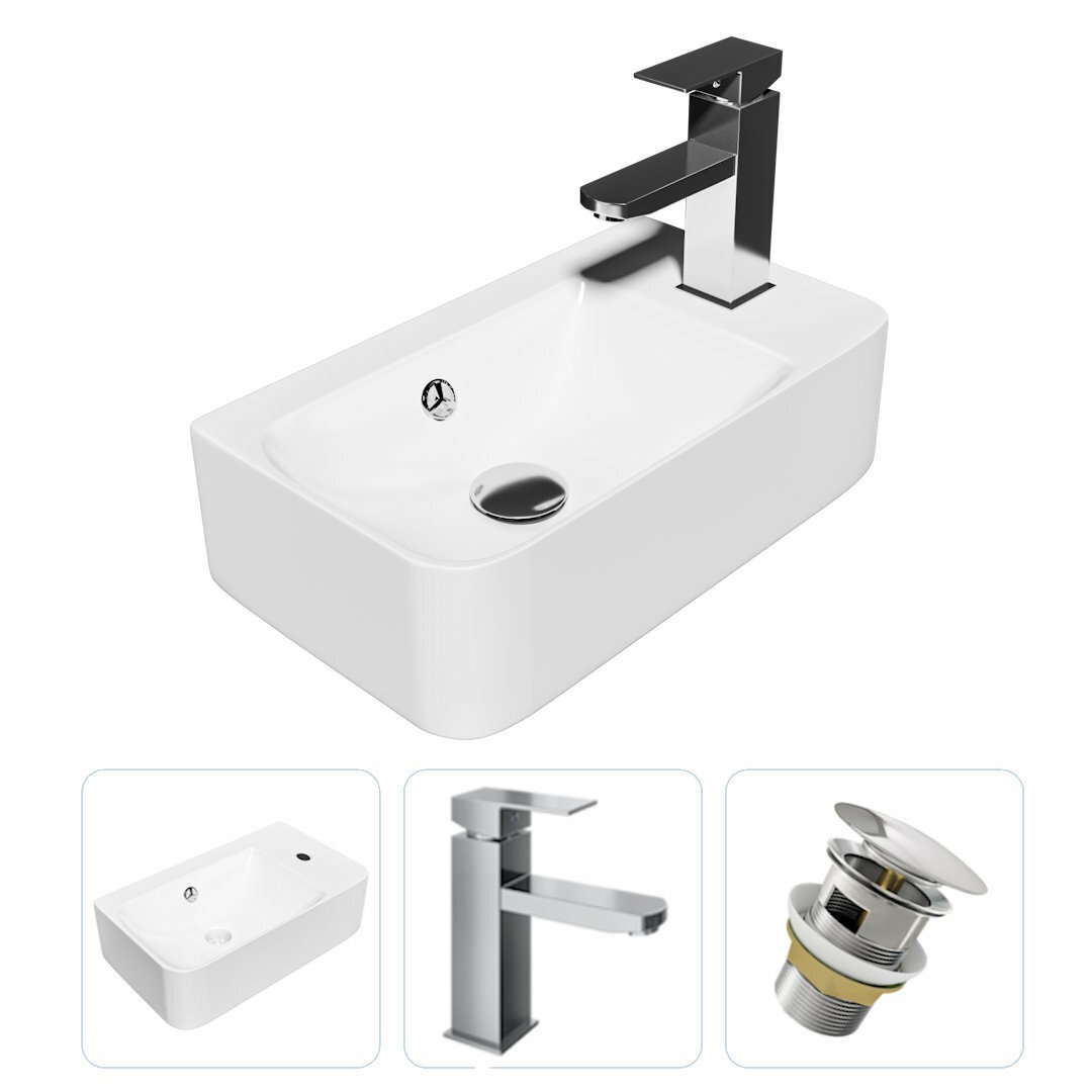 Раковина подвесная для ванной Teymi Hanna 45 правая в комплекте смеситель хром и донный клапан клик-клак с переливом хром F01656