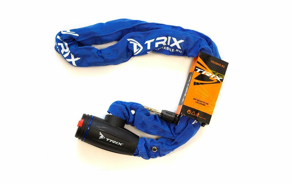 Замок противоугонный TRIX, цепь, с ключами, 6х1200мм, в тканевой оплетке, голубой