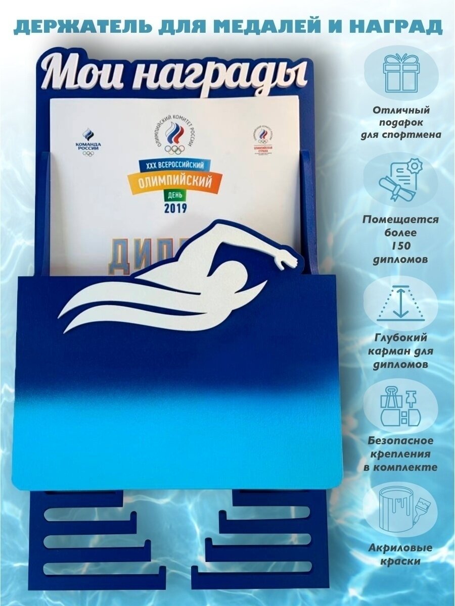 Медальница спортивная с полкой / грамотница именная плавание